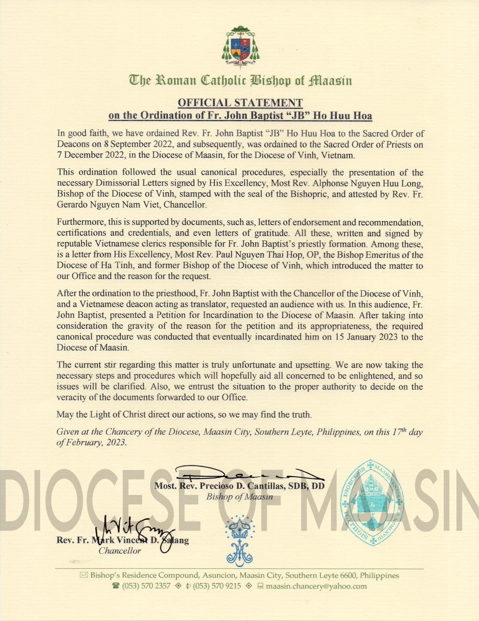 Maasin diocese takes steps amid Vietnamese priestly ordination stir ...